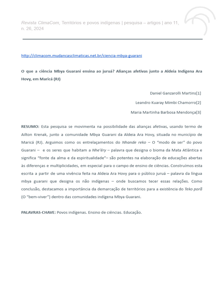 O Que A Ciencia Mbya Guarani Ensina Ao Jurua Aliancas Afetivas Junto A ...