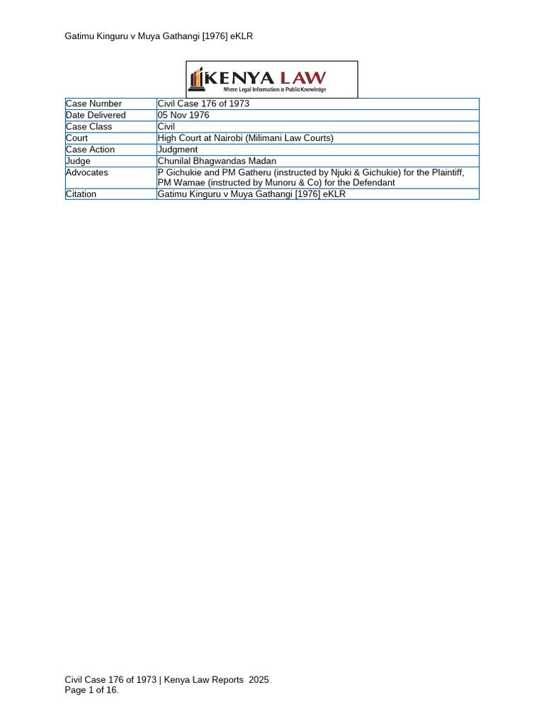Gatimu Kinguru v Muya Gathangi Case Summary | PDF | Adverse Possession ...