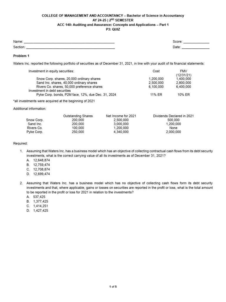 ACC 140 P3 Quiz - Student's | PDF | Depreciation | Book Value