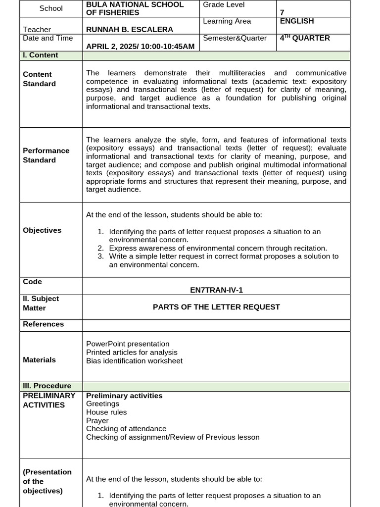 Grade 7 English: Writing Letter Requests | PDF | Human Communication ...