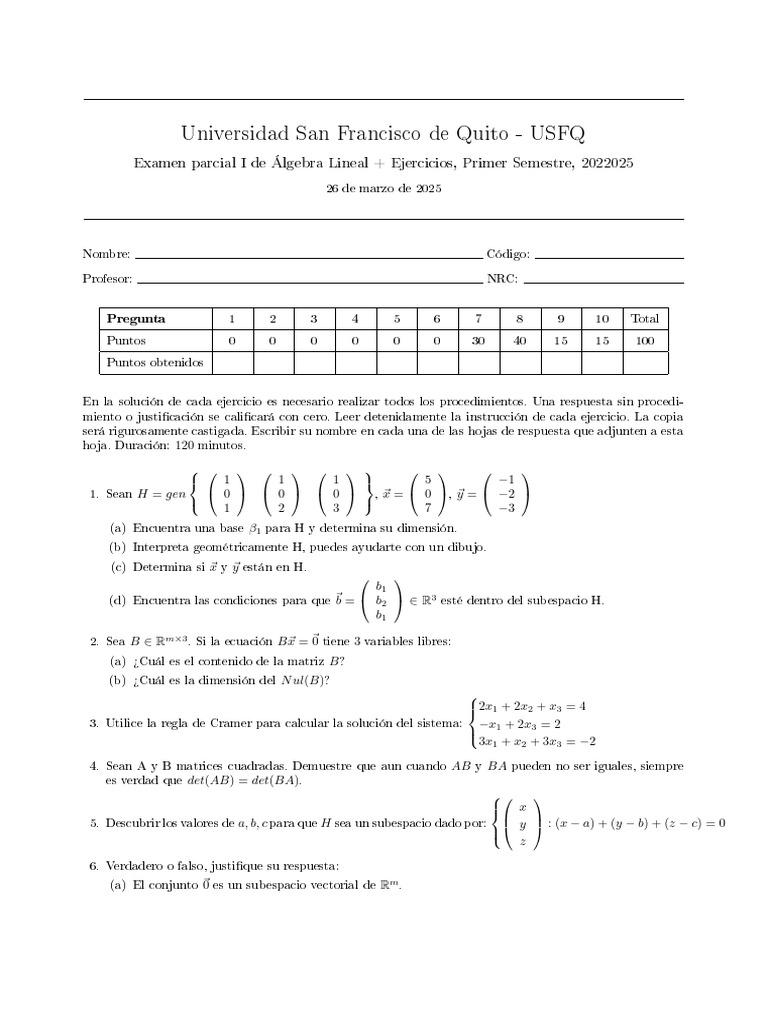 Examen Parcial Álgebra Lineal USFQ 2025 | PDF | Matriz (Matemáticas ...