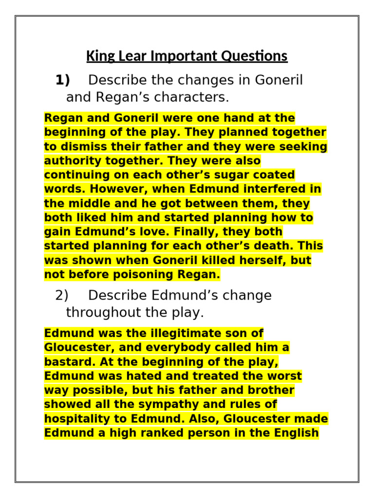 King Lear Important Questions Designed by Me | PDF | King Lear ...