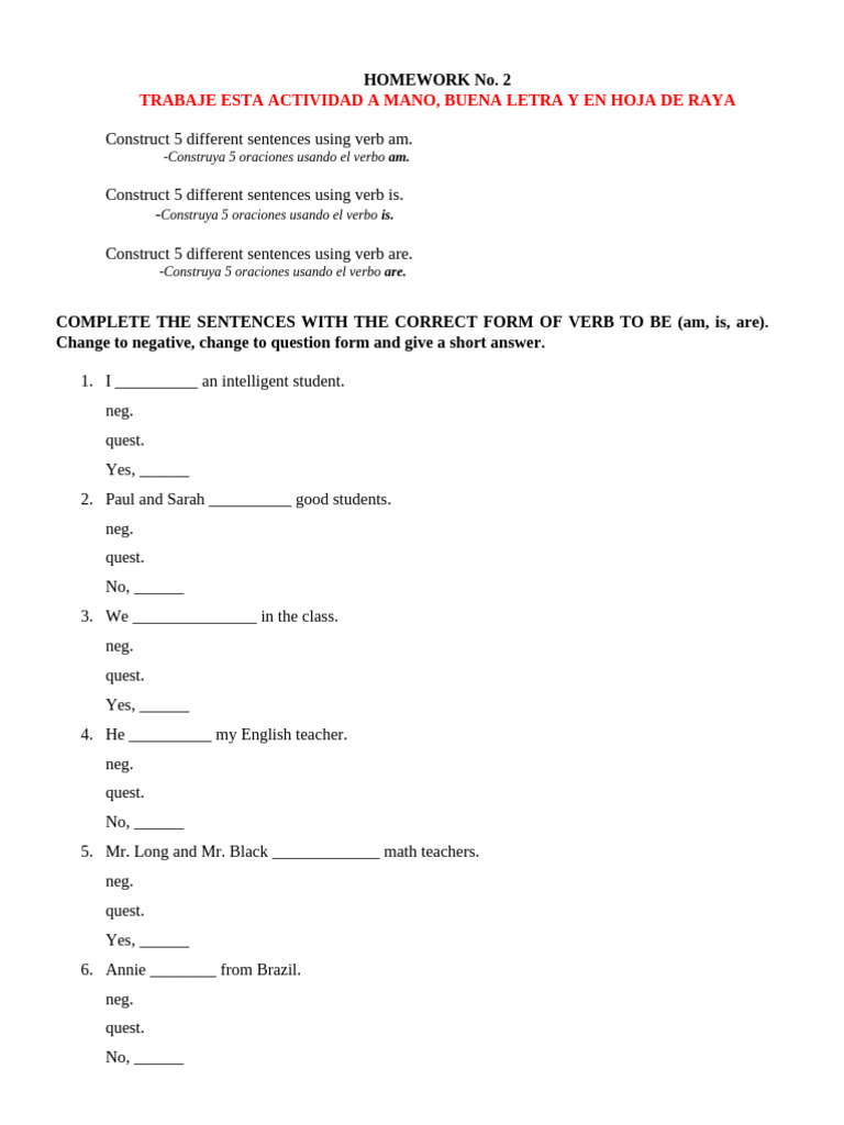 Homework No2 -448 a Verb to Be | PDF