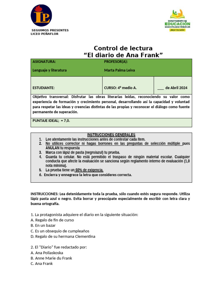Control de Lectura Ana Franl 2025 | PDF | Anne Frank