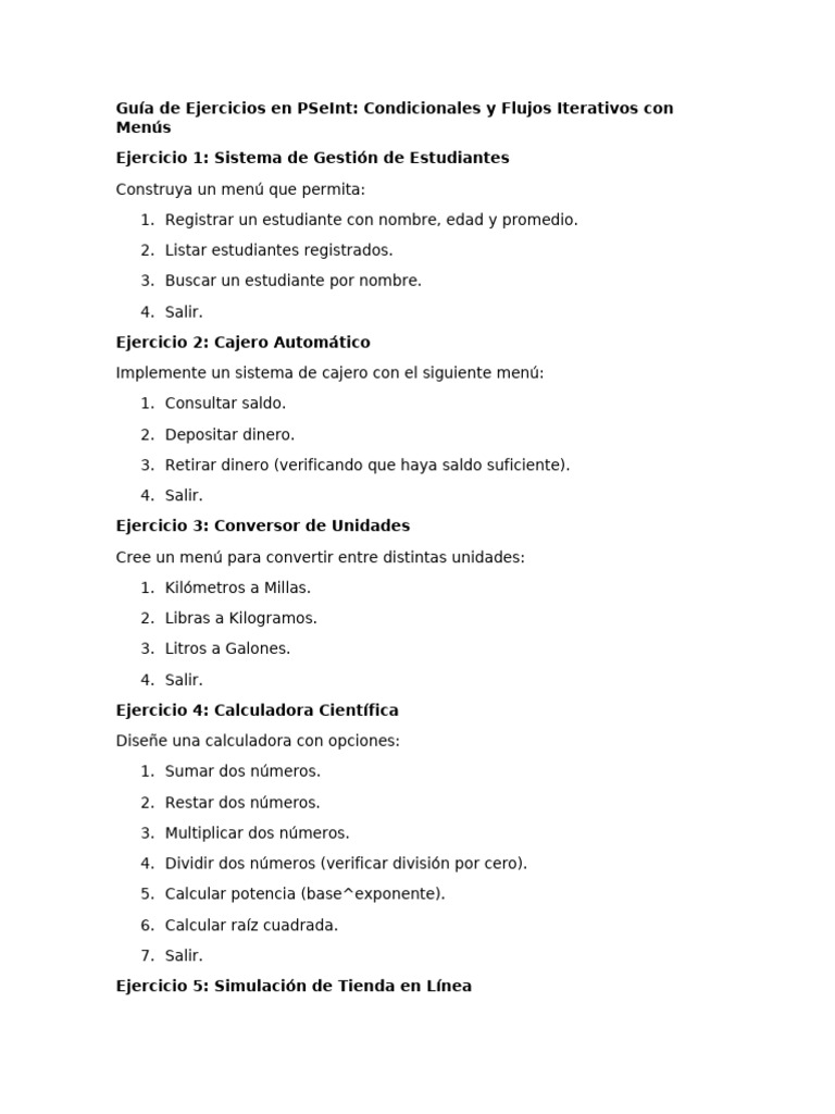 Menús en PSeInt: Ejercicios Prácticos | PDF