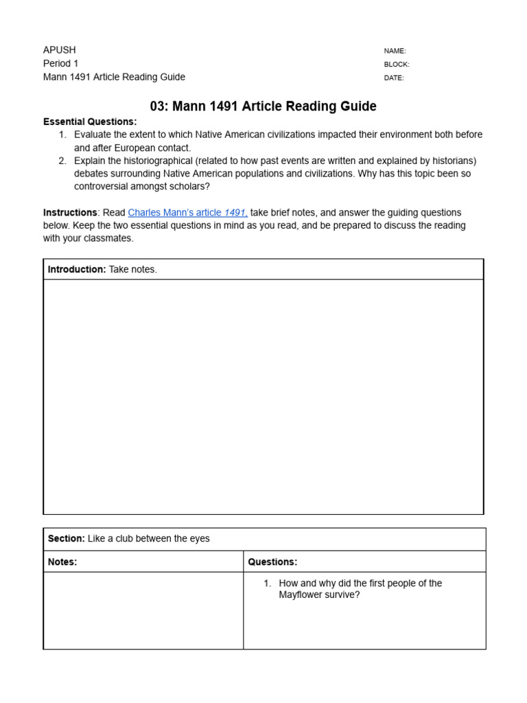 03 Mann 1491 Article Reading Guide | PDF | Native Americans In The ...