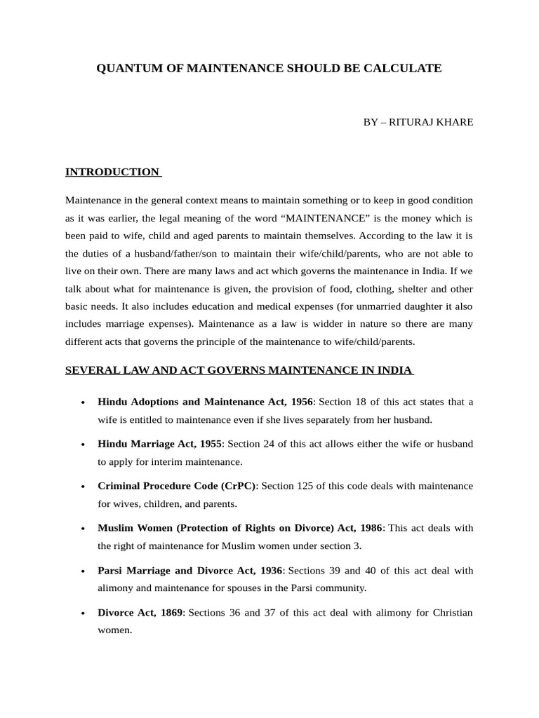 Quantum of Maintenance in Indian Law | PDF | Alimony | Wife