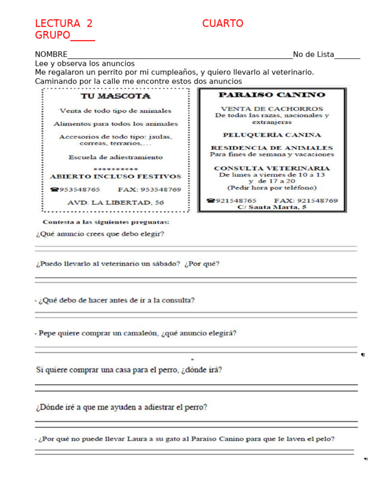 Cuarto Lectura Ejercicios | PDF