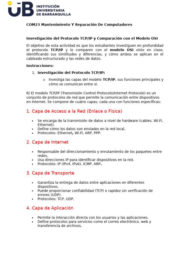 Taller Modelo OSI - Modelo TCP - IP | PDF | Protocolos de internet | Conjunto de protocolos de ...