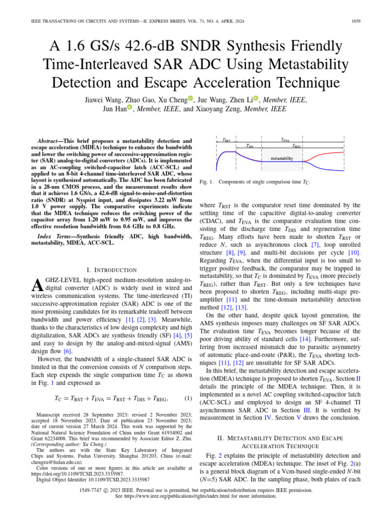 A 1.6 GS S 42.6-dB SNDR Synthesis Friendly Time-Interleaved SAR ADC Using Metastability ...