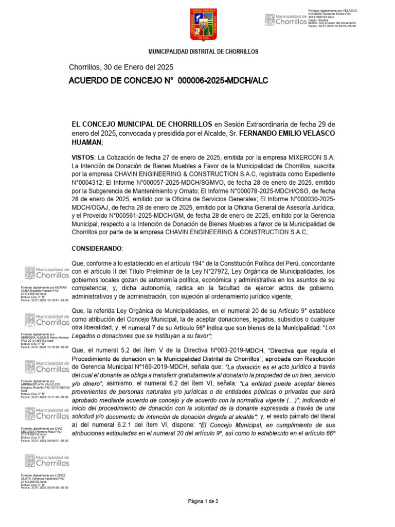 Acuerdo de Concejo 6-2025-MDCH-ALC | PDF | Donación | Gobierno local