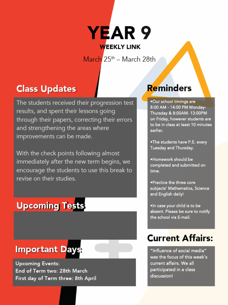 Year 9 Weekly Link 25th March 2024 | PDF | Homework | Learning