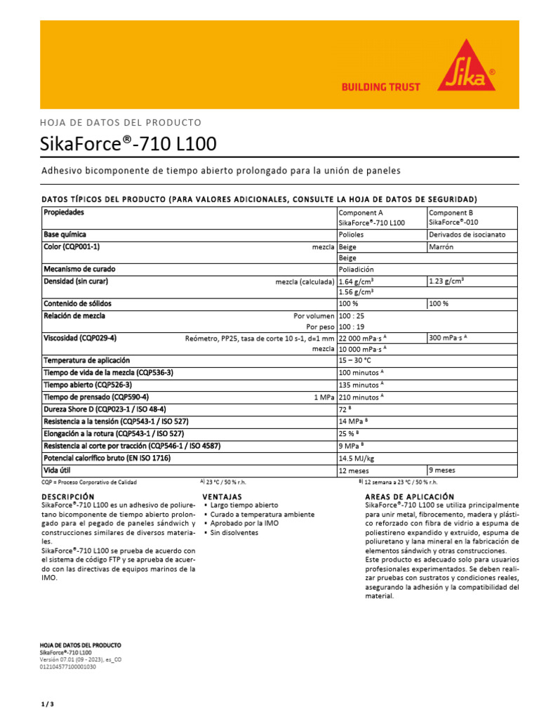 Adhesivo SikaForce®-710 L100 | PDF | Pascal (Unidad) | Materiales