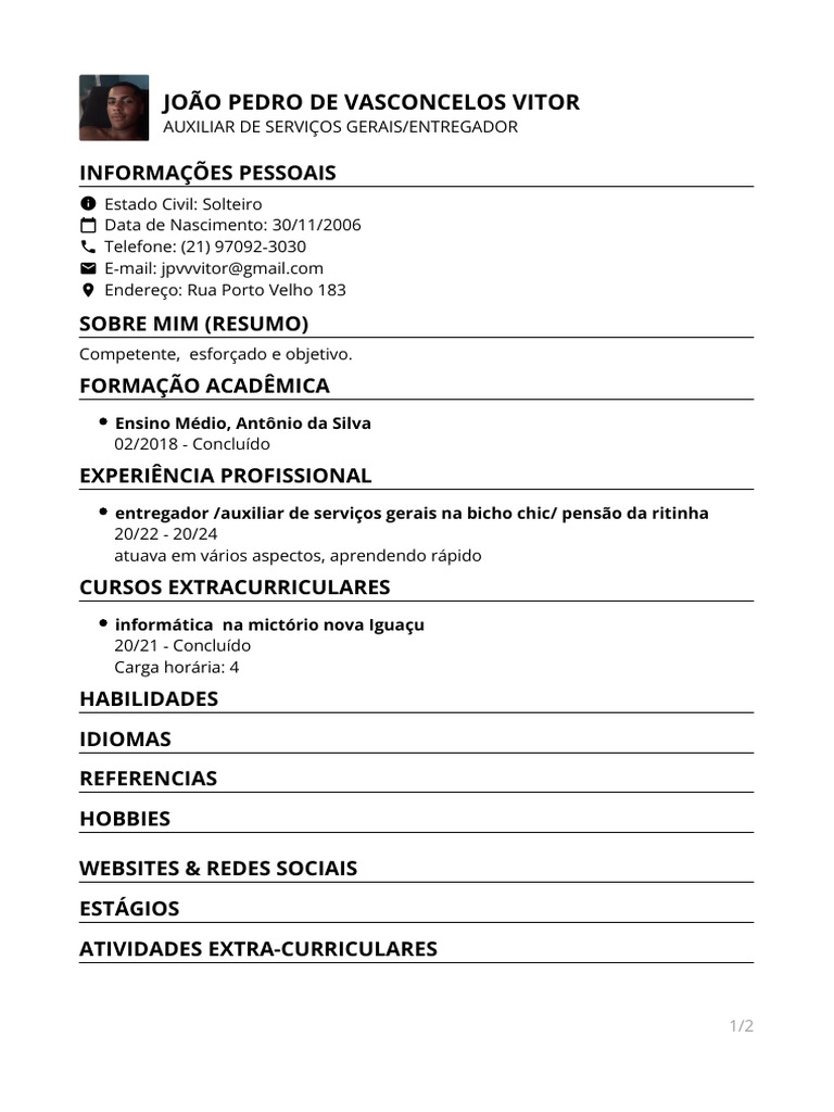 Currículo - João Pedro de Vasconcelos Vitor | PDF