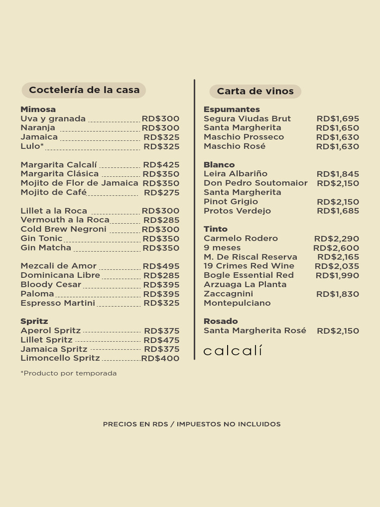 Menu Bebidas Calcali Naco | PDF