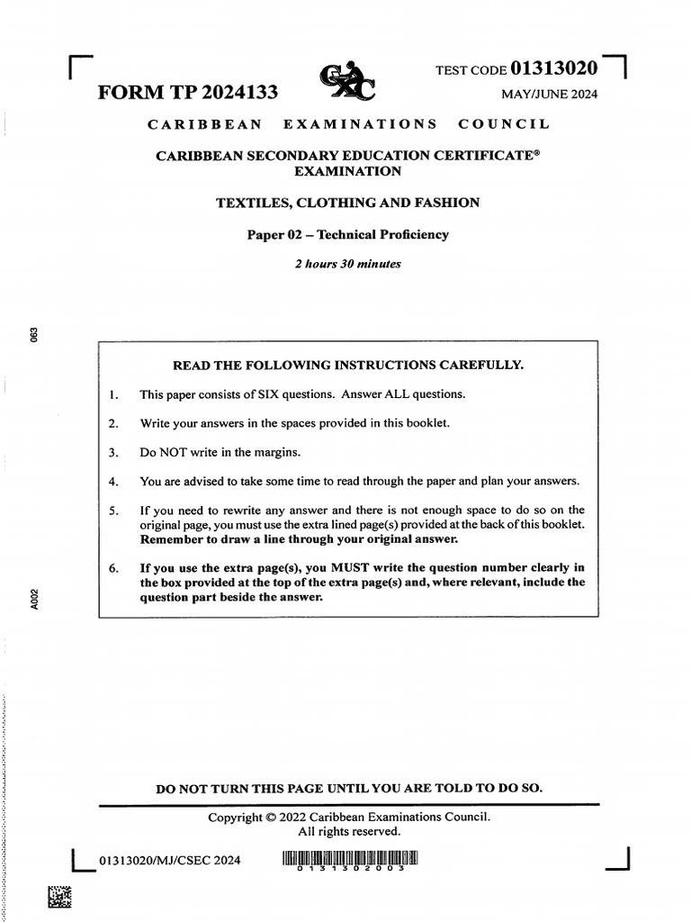 CSEC Textiles, Clothing and Fashion June 2024 P2 | PDF