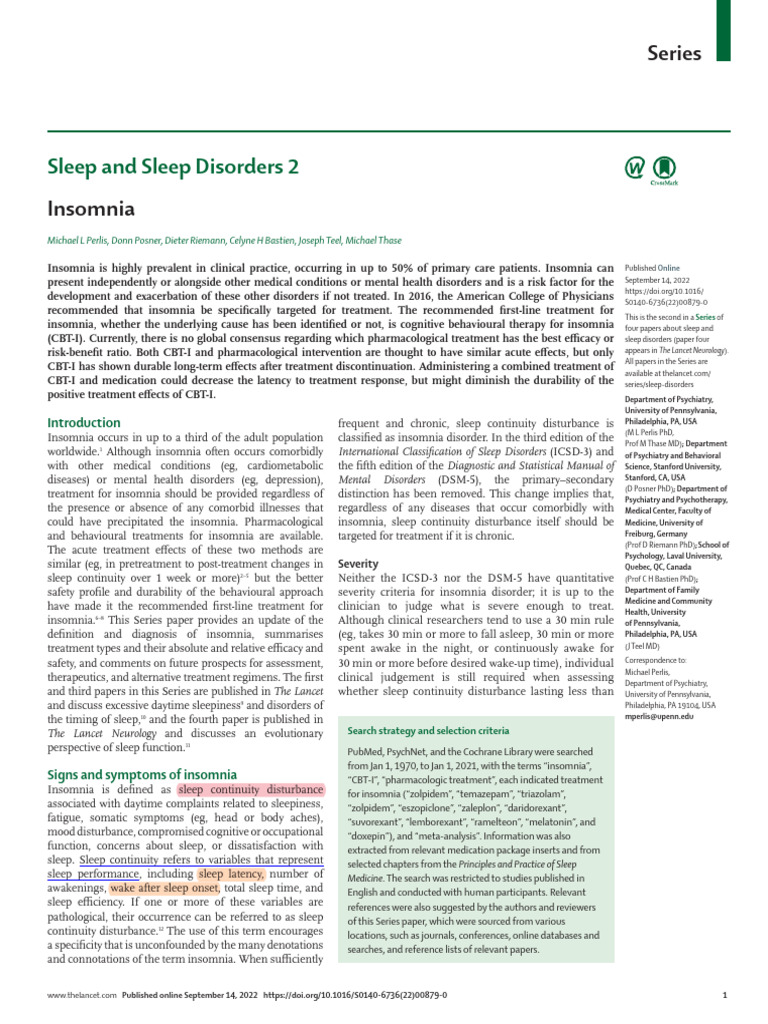 Insomnia M Perlis Rev Lancet Neurol 2022 (2) | PDF | Insomnia | Sleep ...