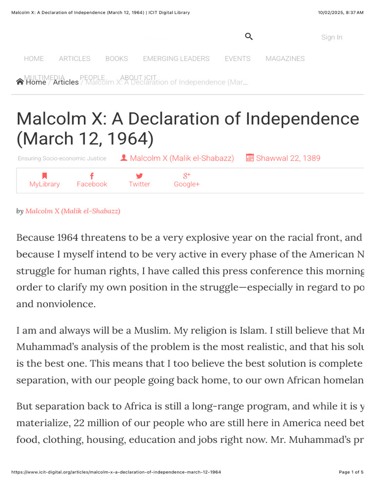 Malcolm X's 1964 Independence Speech | PDF | Malcolm X