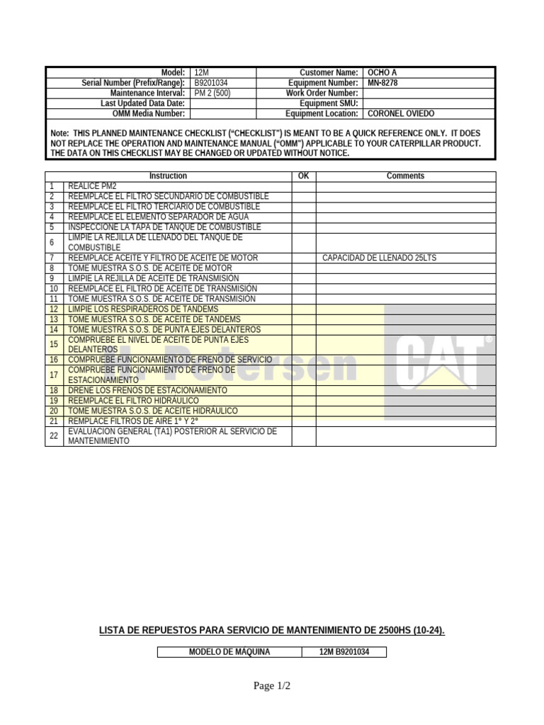 Checklist Mant 2500Hs 10-24 CAT 12M B9201034 SA 10 08 20 | PDF | Vehículos | Ingeniería mecánica