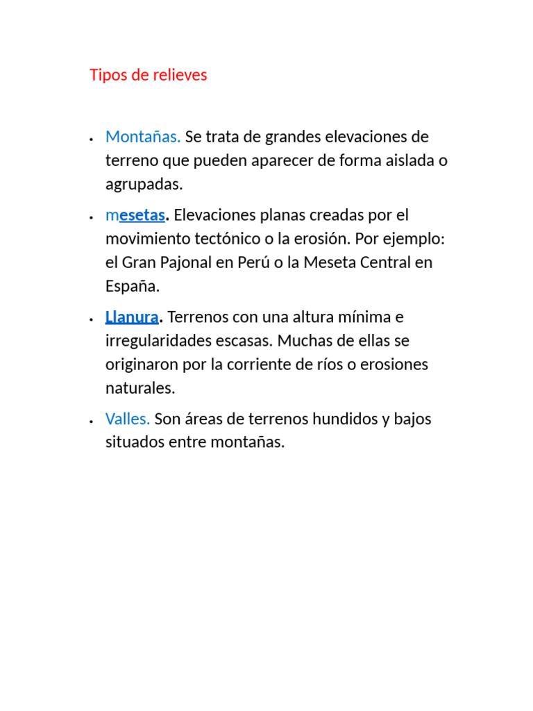 Tipos de relieves: montañas, mesetas y valles | PDF