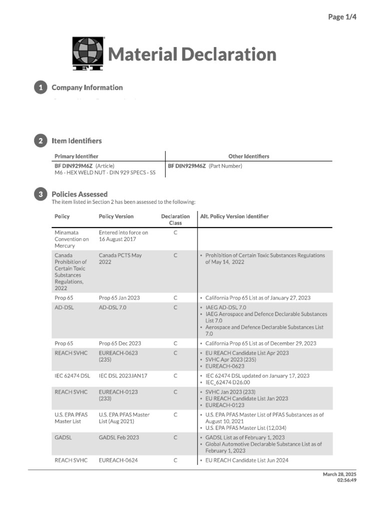 BF DIN929M6Z Material Declaration | PDF