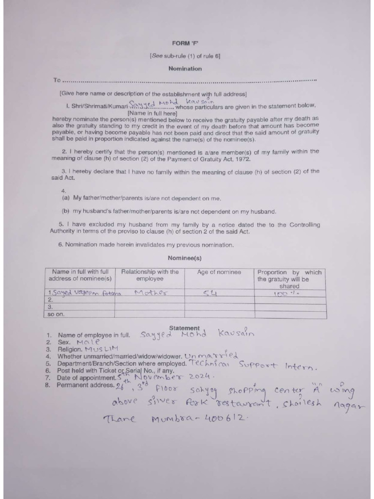 Gratuity Nomination Form | PDF