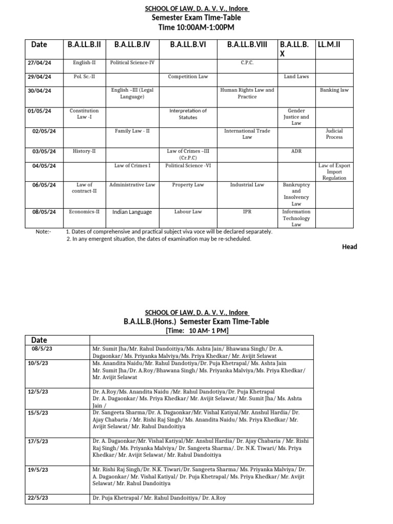 DAVV Indore Law Exam Time-Table 2024 | PDF | Law School | Justice