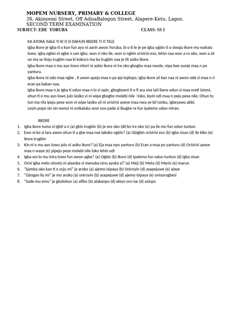 Yoruba SS 1 | PDF