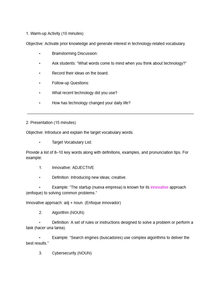 Technology Vocabulary Lesson Plan | PDF | Vocabulary | Linguistics