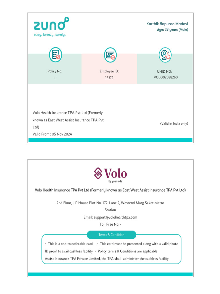 ZUNO HEALTH CARD-KARTHIK MADAVI RenewBuy | PDF