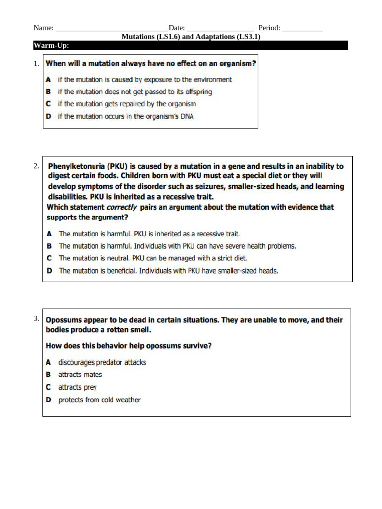 Day 3 Mutations And Adaptations Pdf Mutation Biochemistry