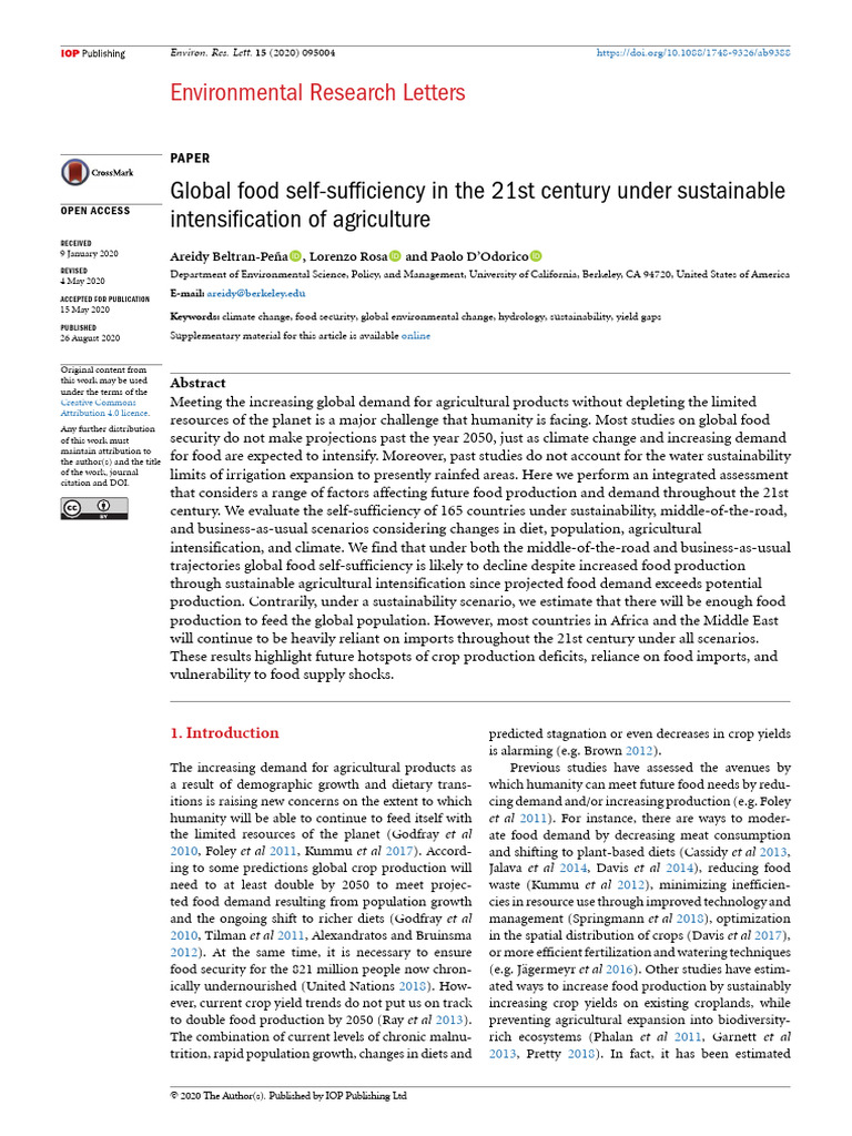Global Food Self-Sufficiency 21st Century | PDF | Agriculture | Calorie