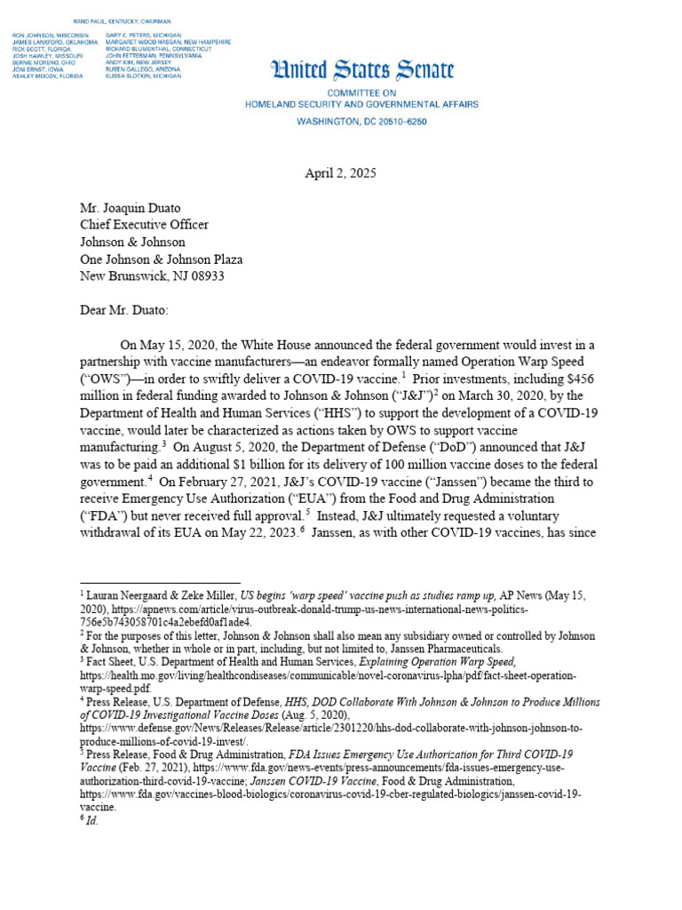 Sen. Ron Johnson Letters To Pharma Giants | PDF | Johnson & Johnson ...