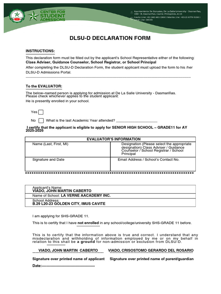 DLSU-D Declaration Form for Admission | PDF