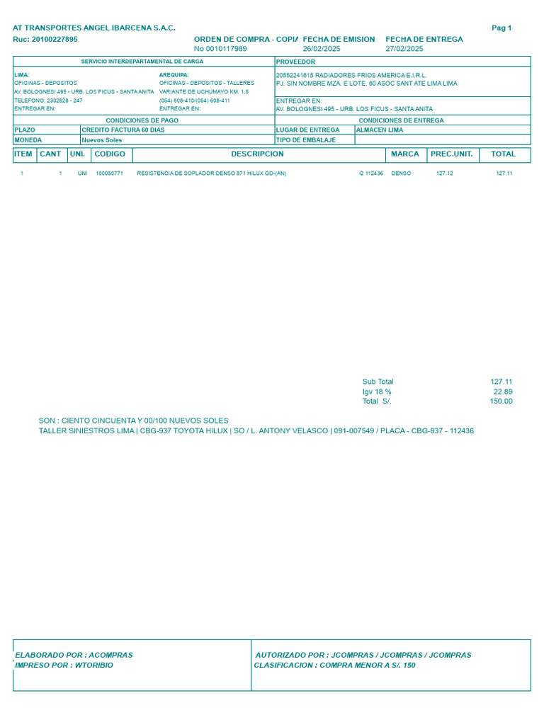 At Transportes Angel Ibarcena S.A.C. Pag 1 Ruc: 20100227895 Orden de ...