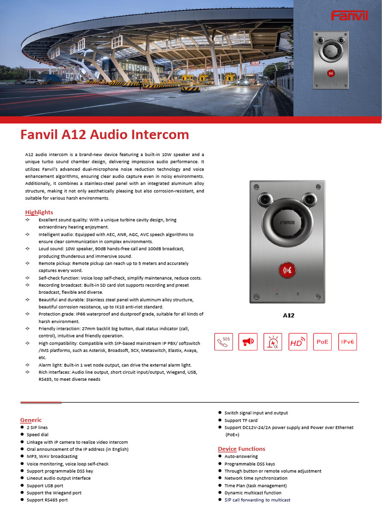 Fanvil_A12_Datasheet | PDF | Port (Computer Networking) | Computer Network