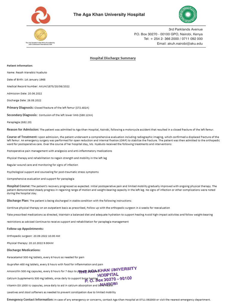Aga Khan Hospital Discharge Summary | PDF | Physical Therapy | Hospital