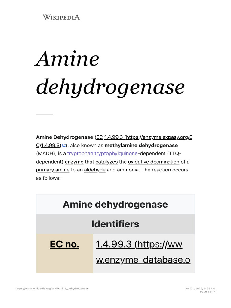 Amine Dehydrogenase - Wikipedia 2 | PDF | Catalysts | Biomolecules