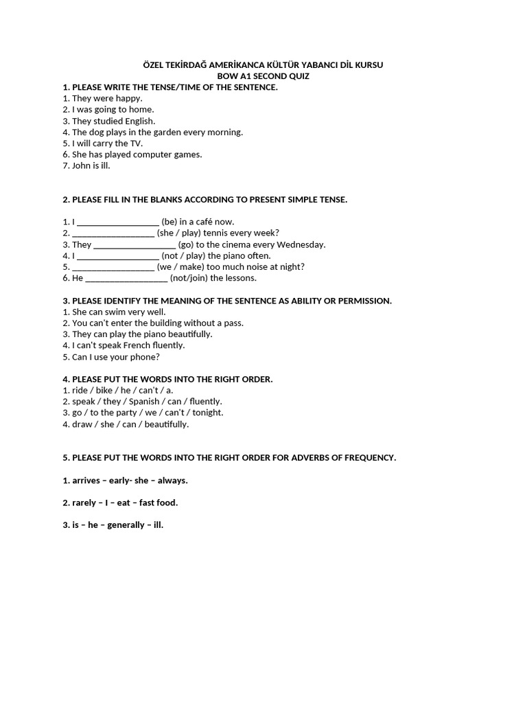 A1 English Quiz: Tenses & Sentence Structure | PDF
