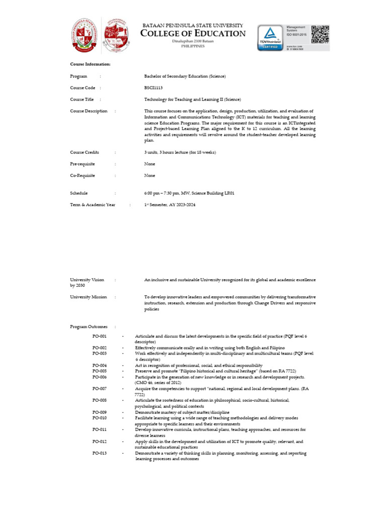 [BPSU,PH]_2._SYLLABUS_-_TTL2-Sci_-_Rendel_B.Batchar | PDF | Educational Technology | Learning
