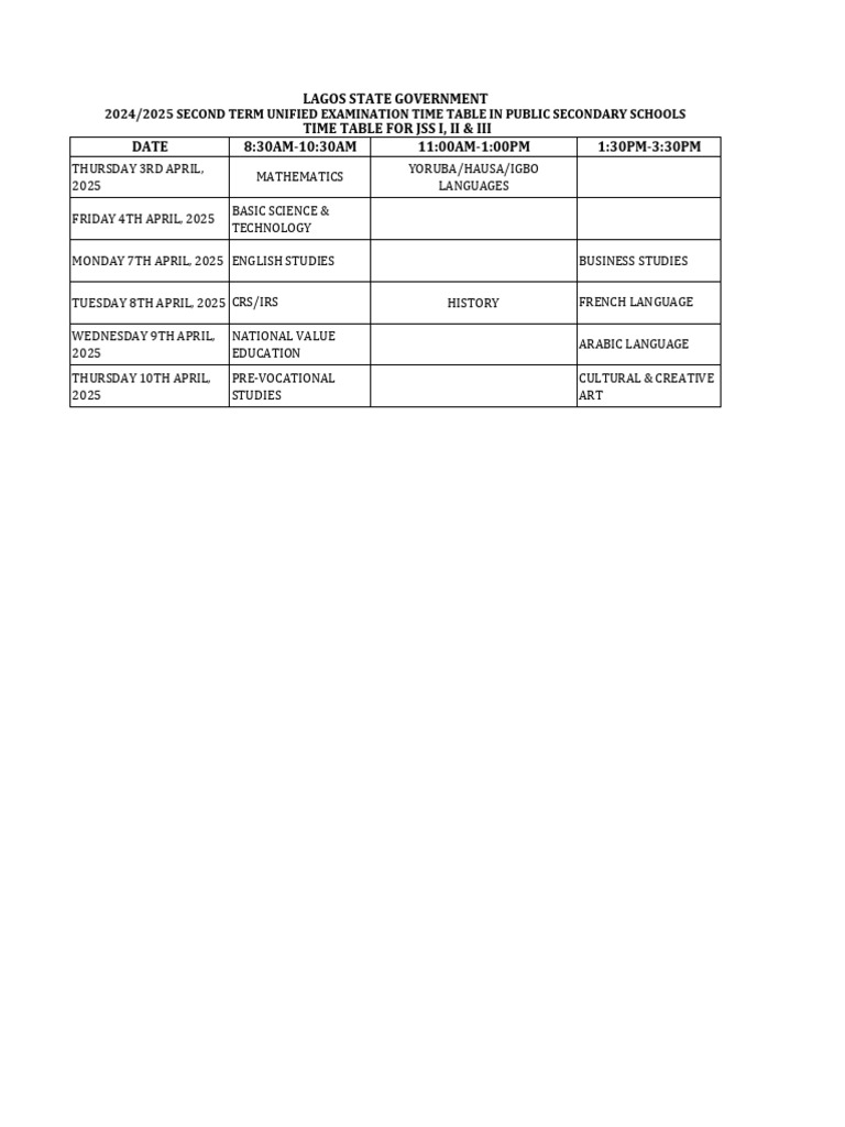 2024-2025 Second Term Unified Examination Time Table in Public ...