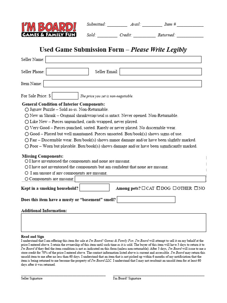 Used Game Submission Form Template | PDF