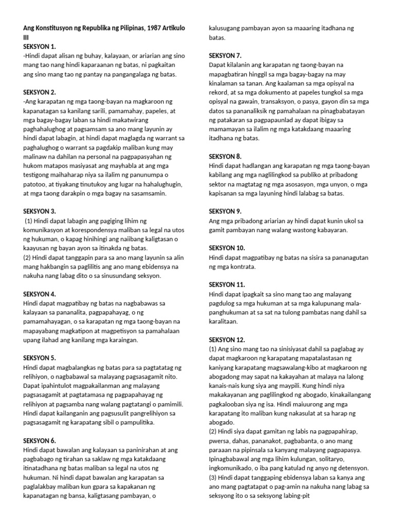 Ang Konstitusyon ng Republika ng Pilipinas artikulo III | PDF