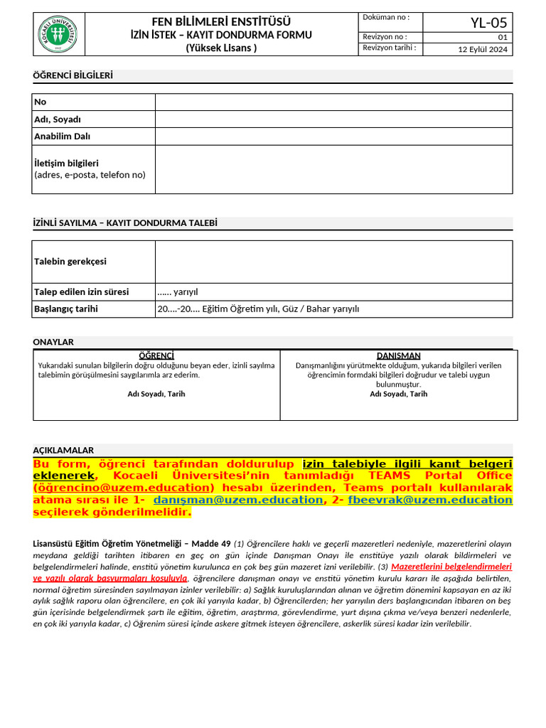 7fe96 - Yl - 5 Izin Istek Kayit Dondurma Formu ff0 | PDF