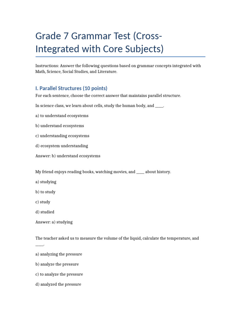 Grade 7 Grammar Test: Integrated Skills | PDF | Volume | Learning