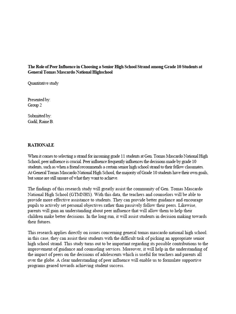 The Role of Peer Influence in Choosing A Senior Highschool Strand Among Grade 10 Students at ...