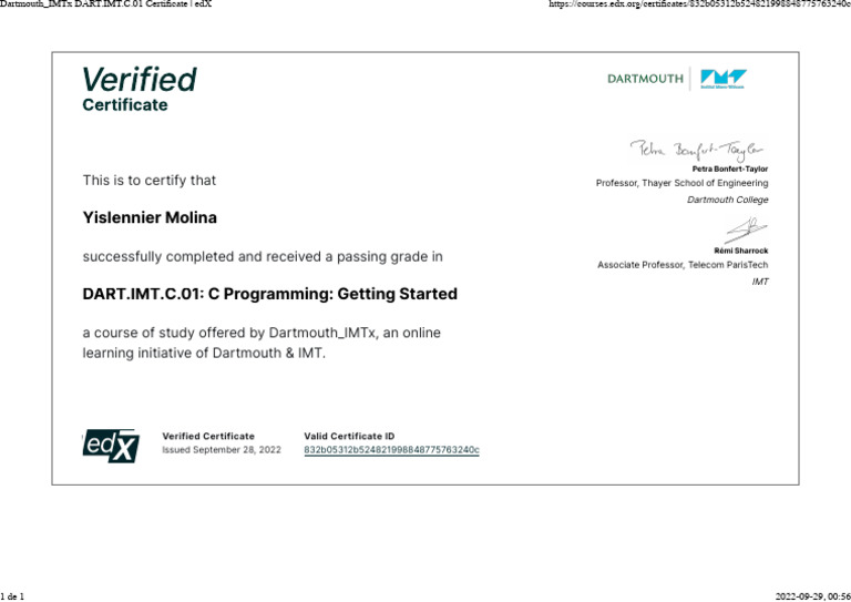Dartmouth - IMTx DART - IMT.C.01 Certificate Edx | PDF