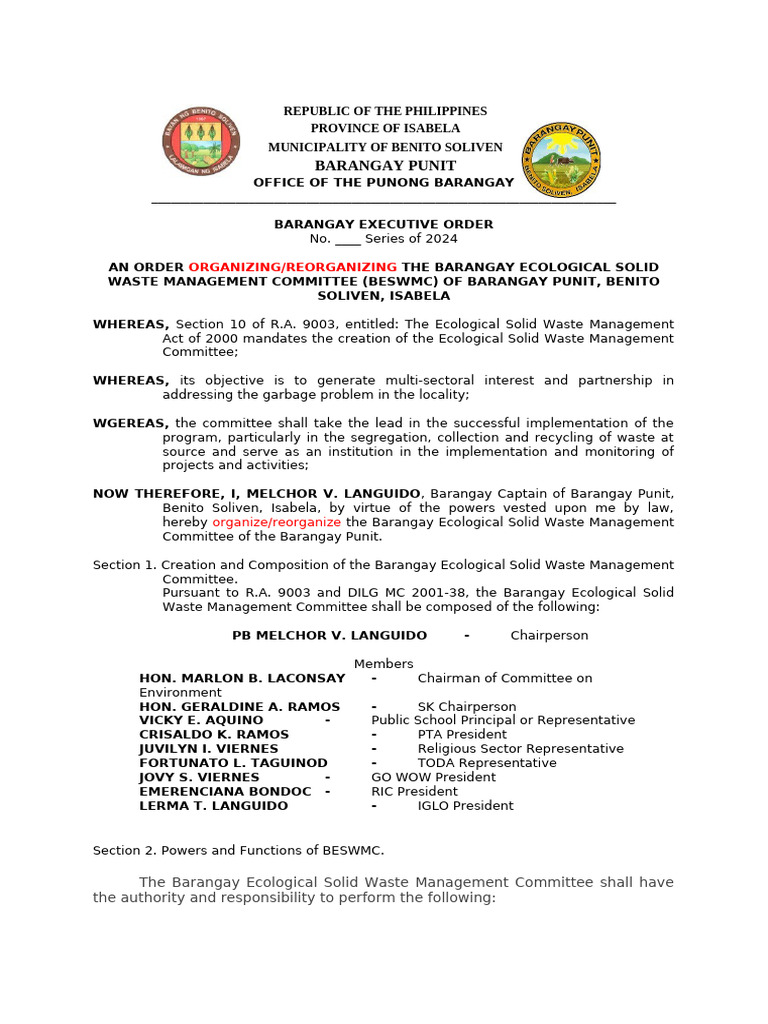 EO Barangay Ecological Solid Waste Management Committee | PDF | Waste ...