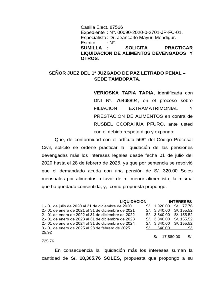 Solicitud de Liquidación de Alimentos | PDF