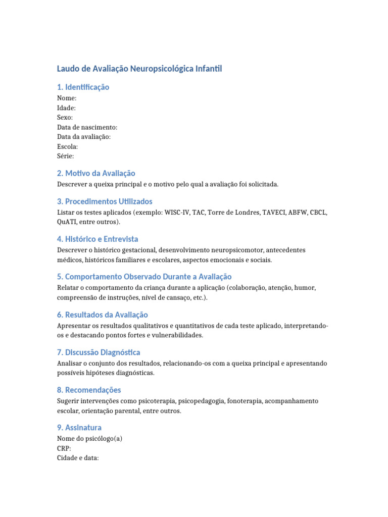 Modelo Laudo Neuropsicologico Infantil | PDF
